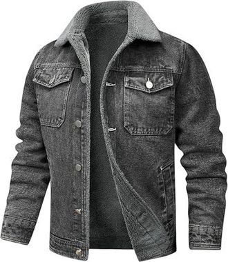 Generic Veste de camionneur pour homme, coupe ajust&eacute;e, doublure en polaire, manteau dhiver en denim, d&eacute;contract&eacute;, chaud, v&ecirc;tements dext&eacute;rieur &eacute;l&eacute;gants, gris, 