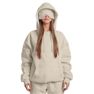 Generic Sweat &agrave; capuche de voyage unisexe en forme davion avec masque pour les yeux - Pull surdimensionn&eacute; unisexe avec poche confortable, beige, XXL