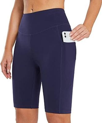 Baleaf Short de motard taille haute pour femme - Sensation nue - Longueur genou - Legging de yoga de compression - Short dentraînement avec poches, bleu mari