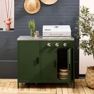 Sweeek Barbecue gaz 3 br&ucirc;leurs. vert. 3 portes et 2 espaces de rangement