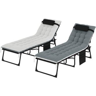 OUTSUNNY Lot de 2 bains de soleil - Outsunny - pliante et inclinable - coussin, appui-t&ecirc;te, poche lat&eacute;rale - textil&egrave;ne - 60x190x31cm - gris