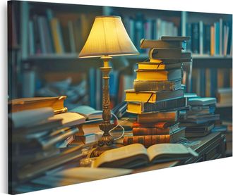 Islandburner Bild auf Leinwand Gemütliche Leseecke bei Lampenlicht und Bücherstapeln Bilder Wandbilder Poster