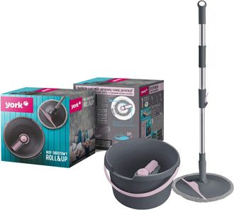 York Roll&up Bodenwischer mit Eimer - Teleskopstiel - Innovative Auswringfunktion- Klappplatte Wischbezug Mit Klett - Grau und Rosa - Putzset