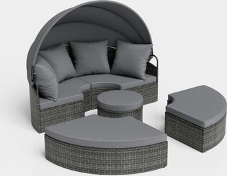Costway Lit Rond dExt&eacute;rieur avec Auvent R&eacute;tractable, Canap&eacute; dExt&eacute;rieur en Sections en Rotin PE avec Coussins, pour Jardin, Piscine, Gris