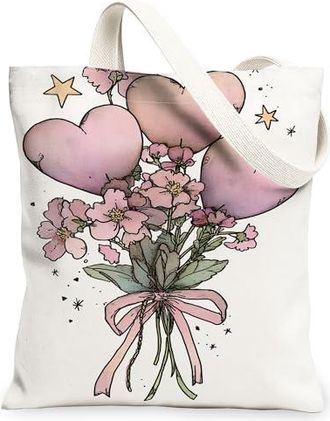 Generic Sacs fourre-tout en toile motif floral en forme de coeur, sacs d&eacute;picerie r&eacute;utilisables, sacs d&eacute;picerie printaniers, l&eacute;gers et lavables, blanc, 13x15 I