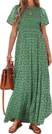 PrettyGarden Damen Sommer Casual Flattern Kurzarm Boho Floral Maxikleid Rundhalsausschnitt Gesmokt Stufened Lange Kleider, Grün, Mittel