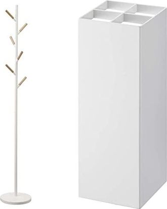 Yamazaki Tableware Plain 2814 Garderobe, Stahl, Holz, Kleiderständer, Wohnzimmer, Schlafzimmer, L 28 x B 28 x H 177 cm & Smart Schirmständer, Stahl, Weiß, One Size