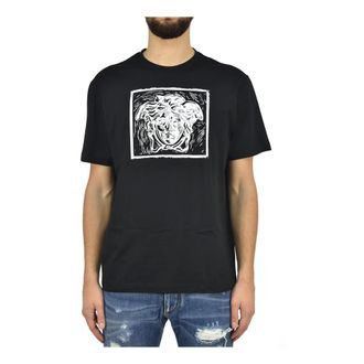 Versace Homme, Tops, Noir, Taille: 2XL T-shirt Noir en Coton avec Logo