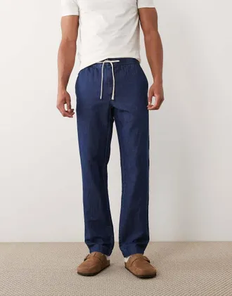 Mango Pantalon aspect denim en lin m&eacute;lang&eacute; avec cordon de serrage - Bleu