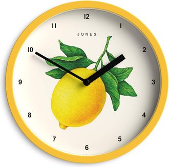 Jones Clocks Fruit wanduhr | Kleine runde Uhr | 20cm | Gelb | Botanisch illustriertes zitronenzifferblatt | Ideal für küche und esszimmer