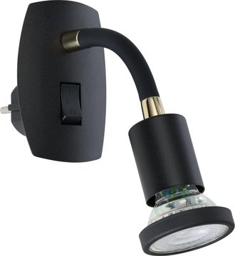 Eglo Steckerleuchte Parrini, Steckdosenlampe mit Schalter, Steckerlampe mit schwenkbarem Spot und Flexarm, Metall und Kunststoff in Schwarz und Messing, wa