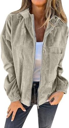 Generic Veste légère en velours côtelé avec fermeture éclair à manches longues pour femme - Manteau ample décontracté pour lautomne et le printemps - Vestes d