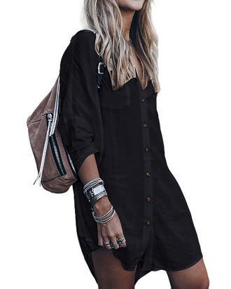 Bsubseach Schwarz Langarm Bikini Cover Up f&uuml;r Damen Loose Button Down V Neck Bademode Beach Shirt Tunika Kleid