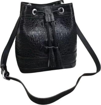 Generic Sac cabas pour femme en cuir de crocodile authentique, fermeture &agrave; cordon, sac seau blanc pour femme, sac bandouli&egrave;re &agrave; pompon en cuir dalligator exot