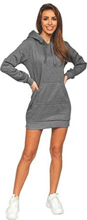 BOLF Femme Sweat Long? Capuche? la Mode Hoodie Robe Sweat-Shirt? Manches Longues Automne Hiver en Coton Couleur Unie Poche Kangourou YS10003 Graphite M [A1