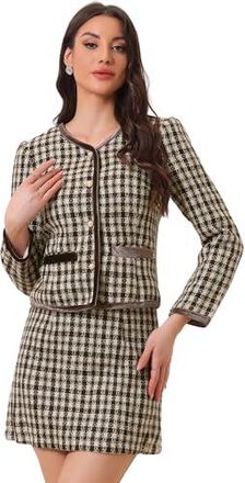 Allegra K Ensemble de Costume pour Femme 2 pi&egrave;ces Tenues Plaid Tweed Court Blazer Veste et Ensembles de Jupe Marron L