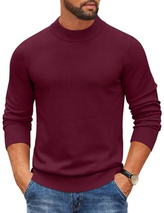 Coofandy Herren Pullover Rundhals Langarm Rollkragenshirt Gestrickt Rollkragenpullover Mock Turtleneck Sweater Leicht Strickpullover Dunkelrot 3XL