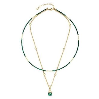 Leonardo Valea 021767 Collier double brin en acier inoxydable doré malachite et perles de verre dans des tons verts assortis 45-50 cm Bijoux Cadeau pour femme,