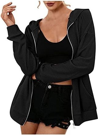 Generic Vestes pour femmes 2026 Veste &agrave; capuche de couleur unie avec poche zipp&eacute;e, Noir, S