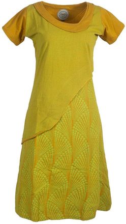 vishes Alternative Bekleidung - Damen Kurzarm Lagenlook Kleid Hippie Streifen Punkte Muster gelb 40-42