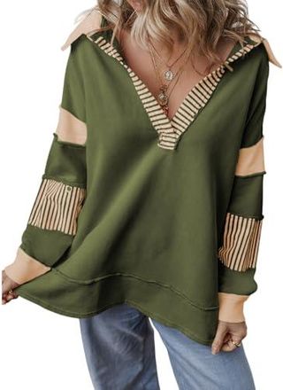 Generic Chandail surdimensionn&eacute; &agrave; blocs de couleurs pour femmes, polo &agrave; col en V, chemises &agrave; manches longues, style d&eacute;contract&eacute; et ample, Vert, XXL
