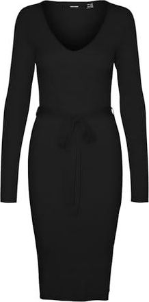 Vero Moda Robe Vmsaba Rib Ls avec Ceinture et col en V pour Femme, Noir, M