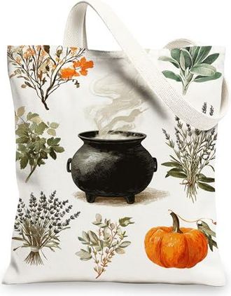 Generic Sacs fourre-tout en toile à base de plantes, sacs réutilisables à imprimé botanique, rustique, léger, lavable avec bandoulière, blanc, 13x15 Inch
