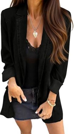 Generic Blazer tendance en jean ouvert sur le devant pour femme, l&eacute;ger, d&eacute;contract&eacute;, automne, printemps, travail, bureau, Noir, 4XL