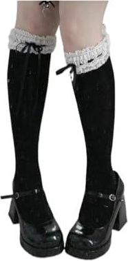 Generico Chaussettes mi-mollet Sweet Bowknot - Chaussettes de printemps japonaises pour femme (2 paires), Noir, Large