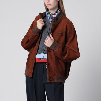 Miu Miu Gewachste Wildlederjacke aus Lammleder in Kastanie