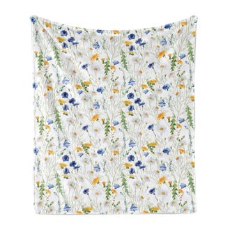 Abakuhaus Natur Weich Flanell Fleece Decke, Mohnblumen G&auml;nsebl&uuml;mchen Rural, Gem&uuml;tlicher Pl&uuml;sch Decke Werfen, 175 x 230 cm, Pale Gr&uuml;n Gelb Blau