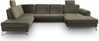 Cavadore Wohnlandschaft Benda / Große Sofagarnitur mit XL-Longchair rechts & Federkern / Inkl. Sitztiefenverstellung & Kopfstützen / 332 x 87 x 226 / Samt: grü