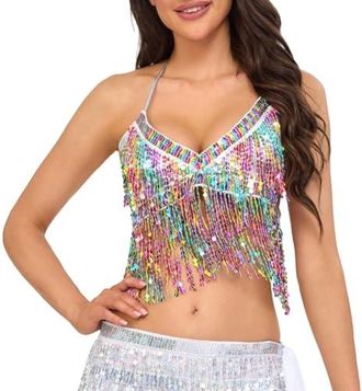 Generic Haut &agrave; paillettes pour femme avec franges, dos nu, soutien-gorge pour festival, danse du ventre, costume