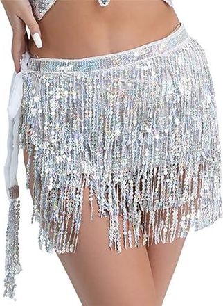 Generic Costume dHalloween de danse du ventre &agrave; paillettes avec pompon et cha&icirc;ne de taille pour jupe, Argent&eacute;., Taille unique