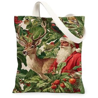 Generic Sacs fourre-tout en toile de No&euml;l, motif P&egrave;re No&euml;l et cerf vintage, r&eacute;utilisables, l&eacute;gers et lavables, vert, 13x15 Inch