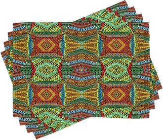 Abakuhaus afrikanisch Platzmatten, Traditionelle Collage der Ethnischen Eklektischen Motive, Waschbare Stoff Esszimmer Küche Tischdekorations Digitaldruck, Senf