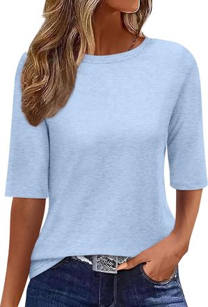 Minetom T-Shirt Damen Halbarm Rundhals Tshirt Sommer Einfarbig Oberteil Basic Shirts A Blau XXL