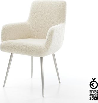 DELIFE Esszimmerstuhl Heira-Flex mit Armlehnen Teddystoff Beige 4-Fu&szlig; konisch Edelstahl Taschenfederkern, Esszimmerst&uuml;hle