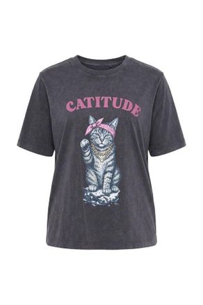 Ulla Popken Oversize-Shirt T-Shirt Cattitude-Motiv Boxy Rundhals Halbarm