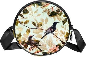 Generic Petit sac &agrave; bandouli&egrave;re rond pour femme, motif feuilles et oiseaux, avec fermeture &eacute;clair, bretelles r&eacute;glables, style d&eacute;contract&eacute;