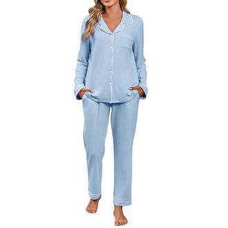 Generic Ensemble de v&ecirc;tements de d&eacute;tente pour femme, v&ecirc;tements de nuit &agrave; manches longues avec boutons et pantalon &agrave; jambes larges, coupe r&eacute;guli&egrave;re, &eacute;l&eacute;gant im