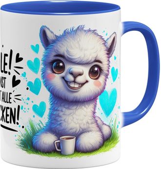 OM3 Lustige Alpaka Kaffee-Tasse mit Spruch - L&auml;chle! Du kannst sie nicht alle anspucken! - Statement - Keramik Becher - 325ml - Rundumdruck - Blau