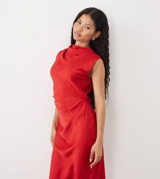 Asos Petite ASOS DESIGN Petite Midikleid in Rot mit hohem Kragen und plissiertem Oberteil