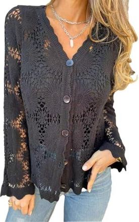 Generic Haut à manches longues et col en V brodé avec découpes et boutons pour femme, cardigan dété à manches cloches, motif floral décontracté, Noir, XXL