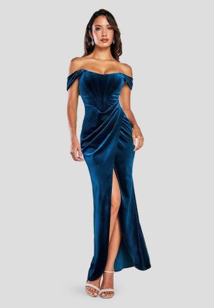 Goddiva Maxikleid Draped Shoulder Velvet Corset Maxi Dress langes Kleid, mit Schlitz