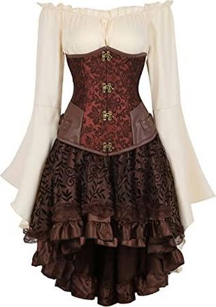 Grebrafan Corset Serre Taille Acier et Jupe Pirate Chemisier Costume Bustier Steampunk (EUR(42-44) 3XL, Marron)