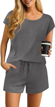 Ekouaer Pyjama Femme Pyjama à Manches Courtes Ensemble Deux Pièces avec Vêtements de Nuit Haut et Short Confortable Vêtements de Détente Gris Foncé S