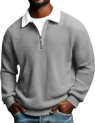 Generic Pull surdimensionn&eacute; &agrave; fermeture &eacute;clair 1/4 pour homme - Col en V - Polaire &agrave; revers - Manches longues - Motif gaufr&eacute; - Vintage Henley Baggy - D&eacute;contra