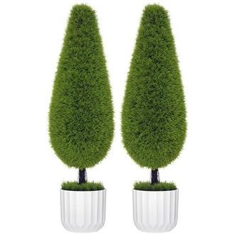 HOMCOM Lot de 2 cyprès artificiels grands 90 cm, arbre artificiel avec protection UV, plante artificielle, plantes artificielles en plastique en pot, fausse 