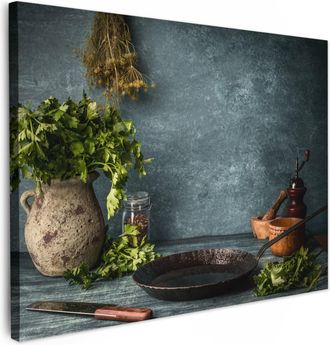 MuchoWow Leinwand Bilder, Einzigartige Wanddeko mit Rahmen, Kräuter - Gewürze - Pfanne - Messer - Grau - Rustikal, Wandbilder Wohnzimmer, Deko Schlafzimmer 40x